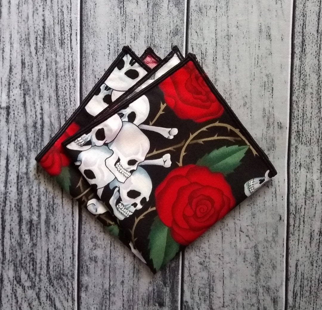 Skull and Roses Pocket Square: Cotton Handkerchief Handmade to Order - Etsy