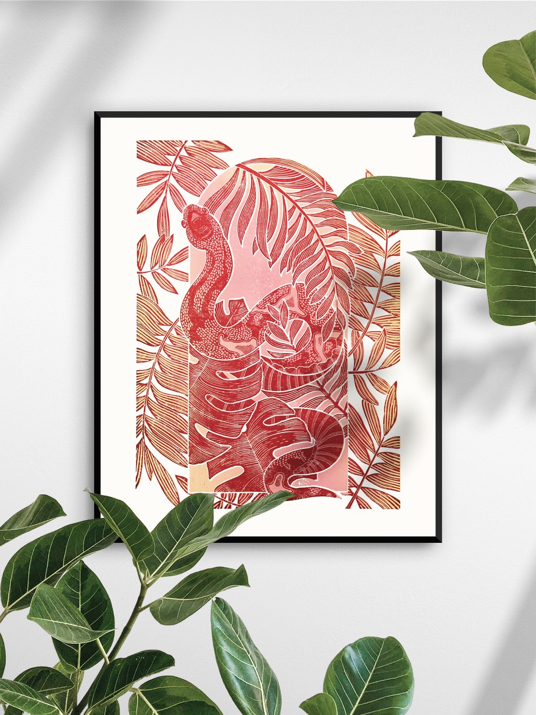 Snake and Tropical Leaf Linocut Lino Print 40x50cm Limited - Etsy