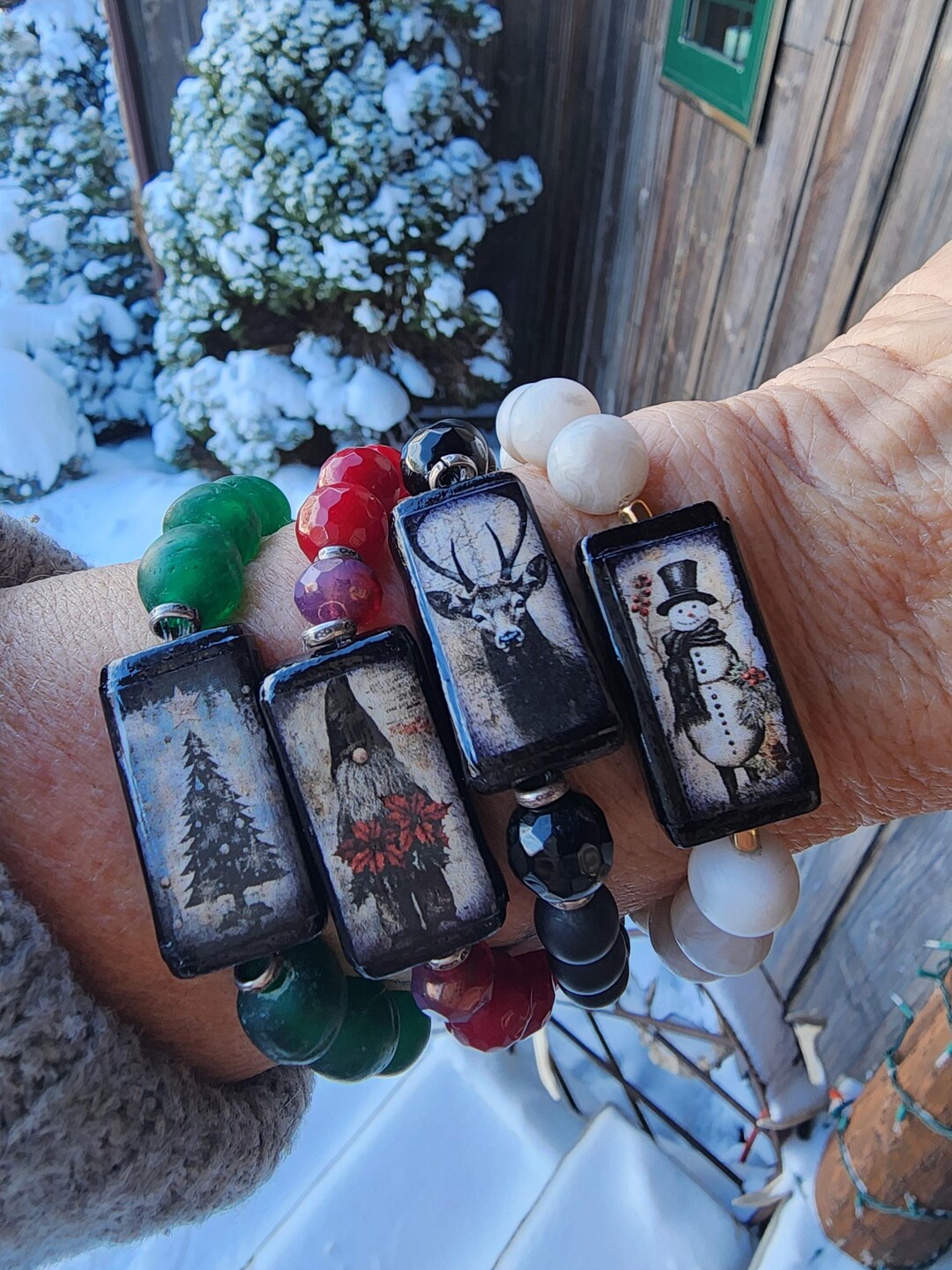 Winter Hand Painted Tile Bracelets, Vintage Style, Gemstone Bracelets ...