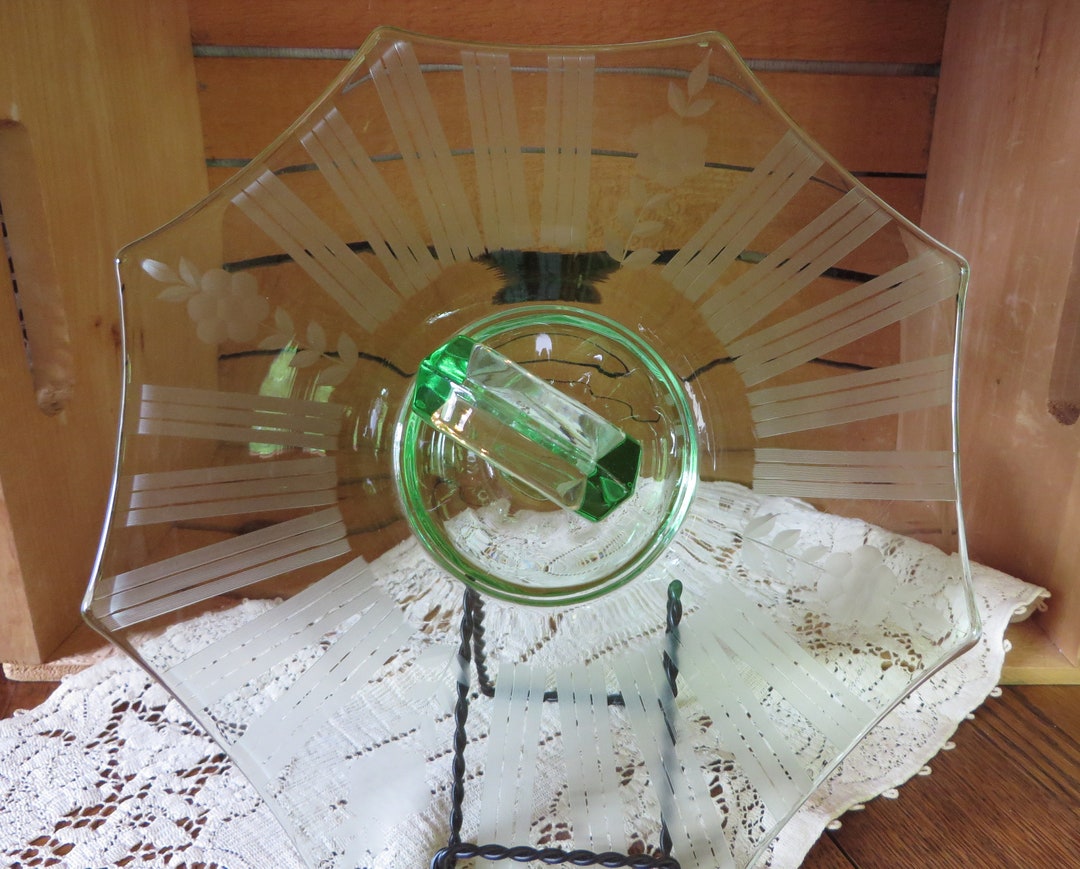 Vintage Green Depression Tidbit Serving Tray/floral Striped Etching/art ...