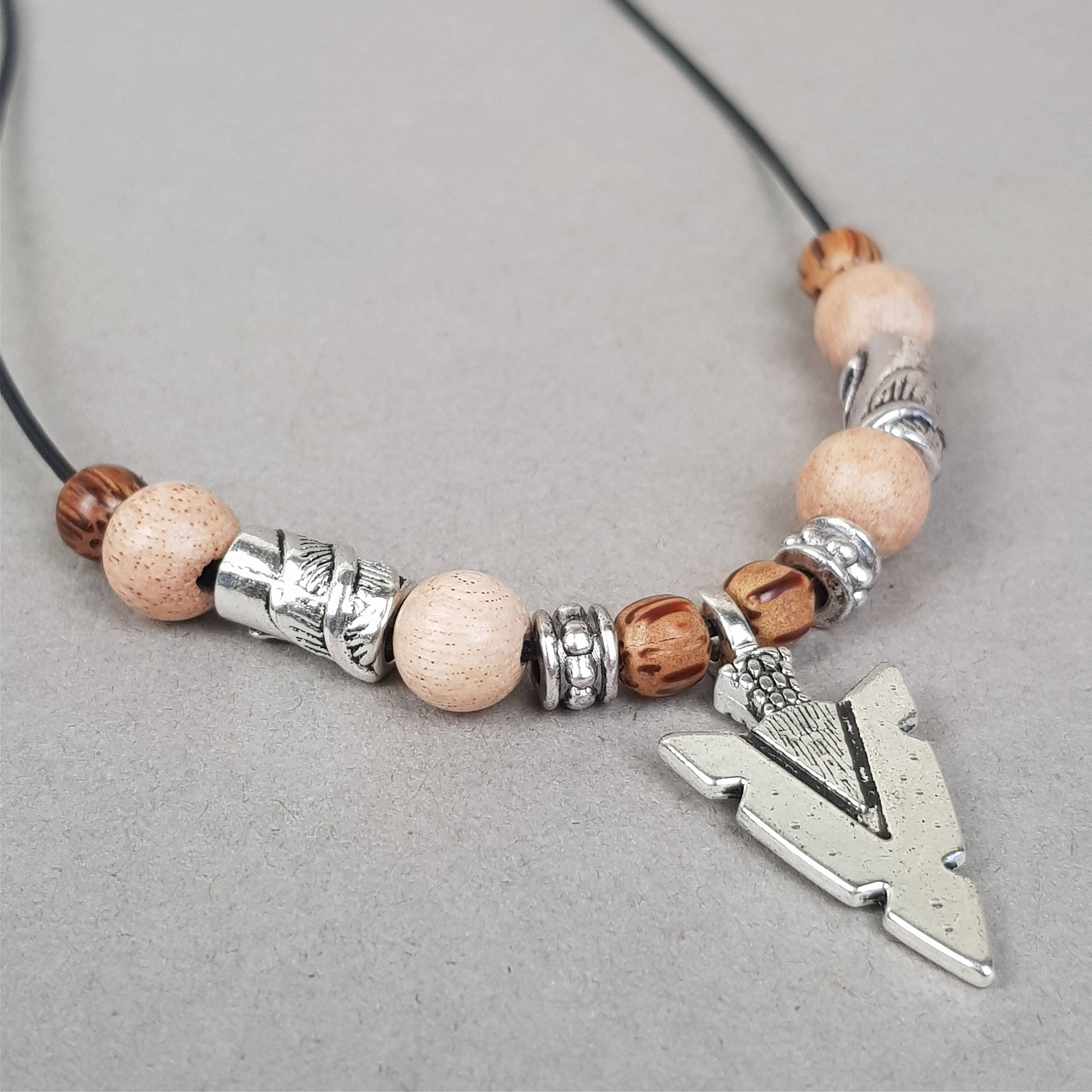 Metal Arrowhead Necklace , Wooden Bead , Leather Cord , Lobster Clasp ...