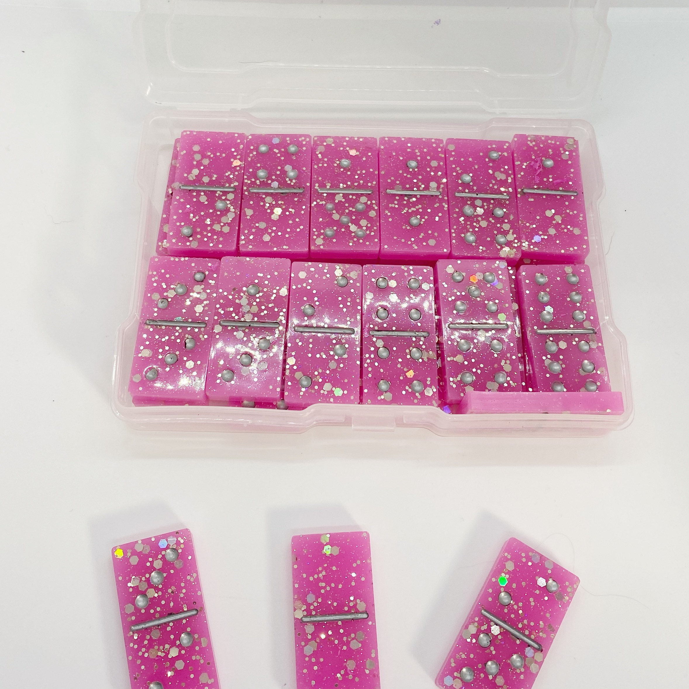 Pink Dominos With Case. Resin Dominos, Glitter Tile Game, Handmade ...