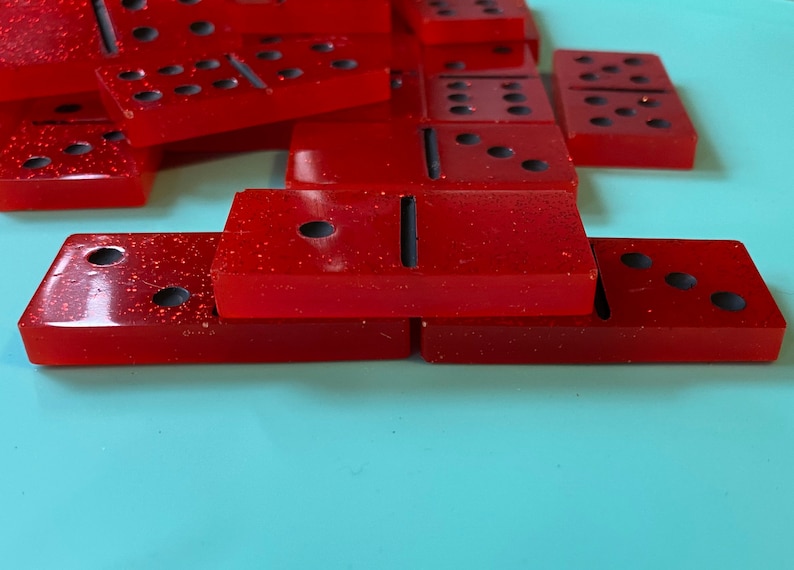 Red Dominos With Case. Resin Dominos, Glitter Tile Game, Handmade ...
