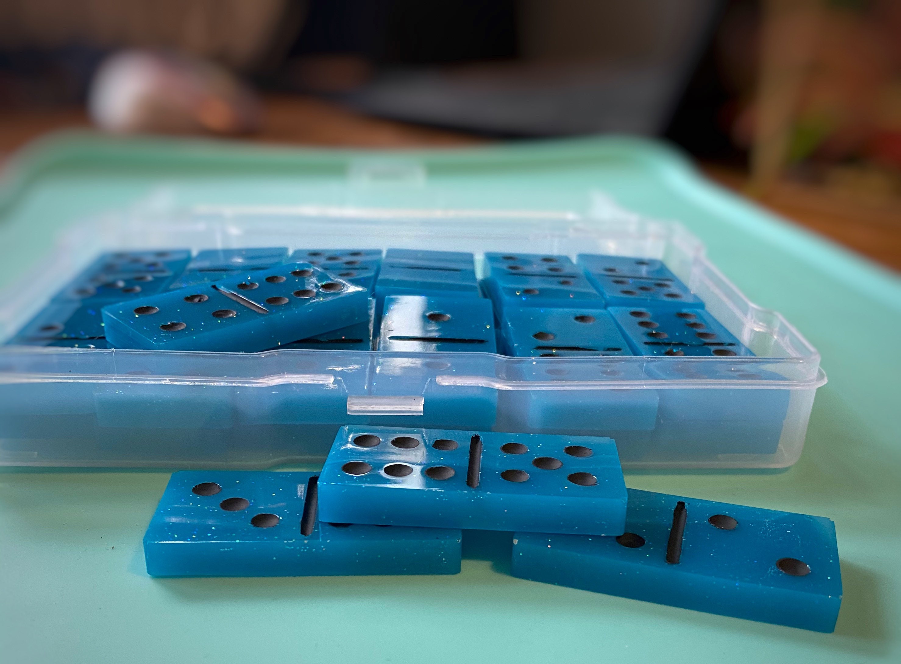 Blue Dominos With Case. Resin Dominos Glitter Tile Game - Etsy UK