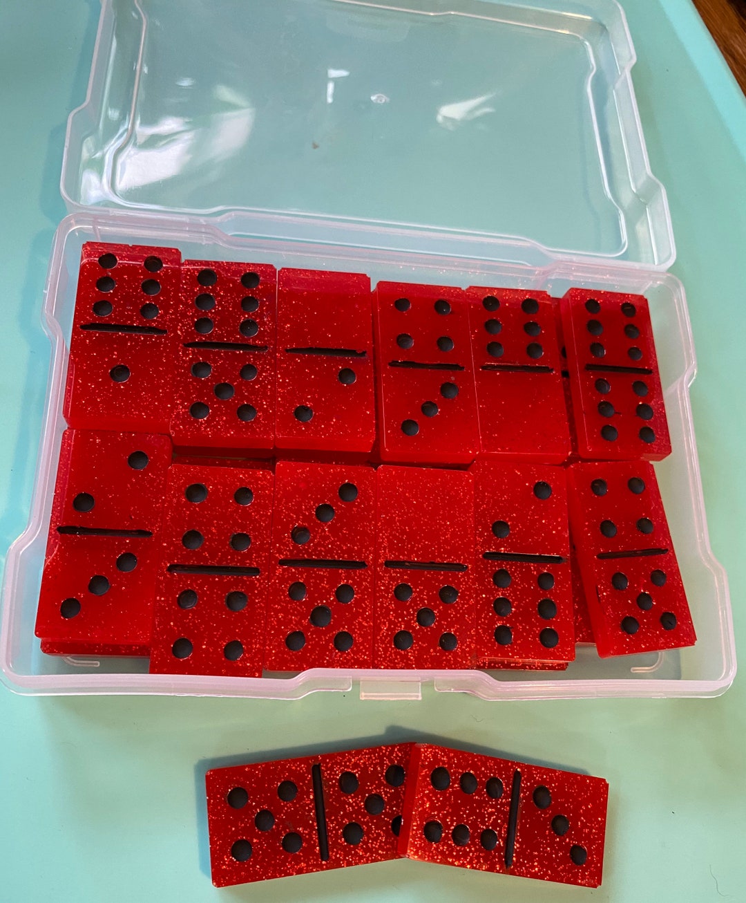 Red Dominos With Case. Resin Dominos, Glitter Tile Game, Handmade ...