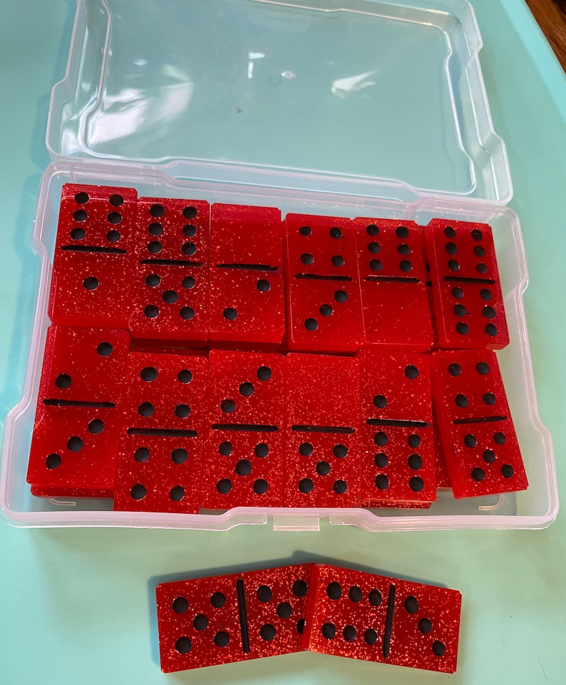 Red Dominos With Case. Resin Dominos, Glitter Tile Game, Handmade ...