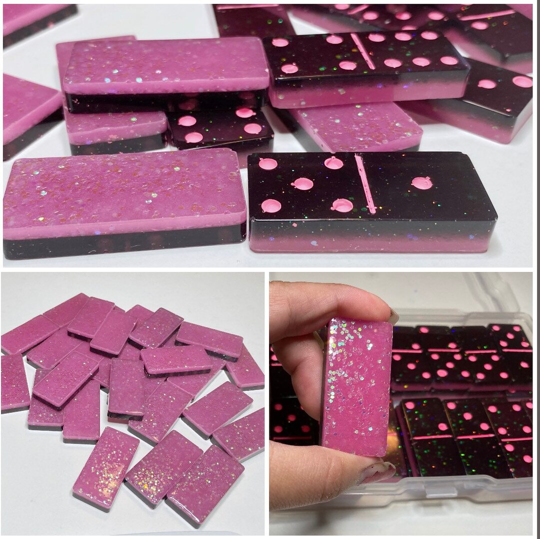 Pink and Black Dominos With Case. Resin Dominos, Glitter Tile Game ...