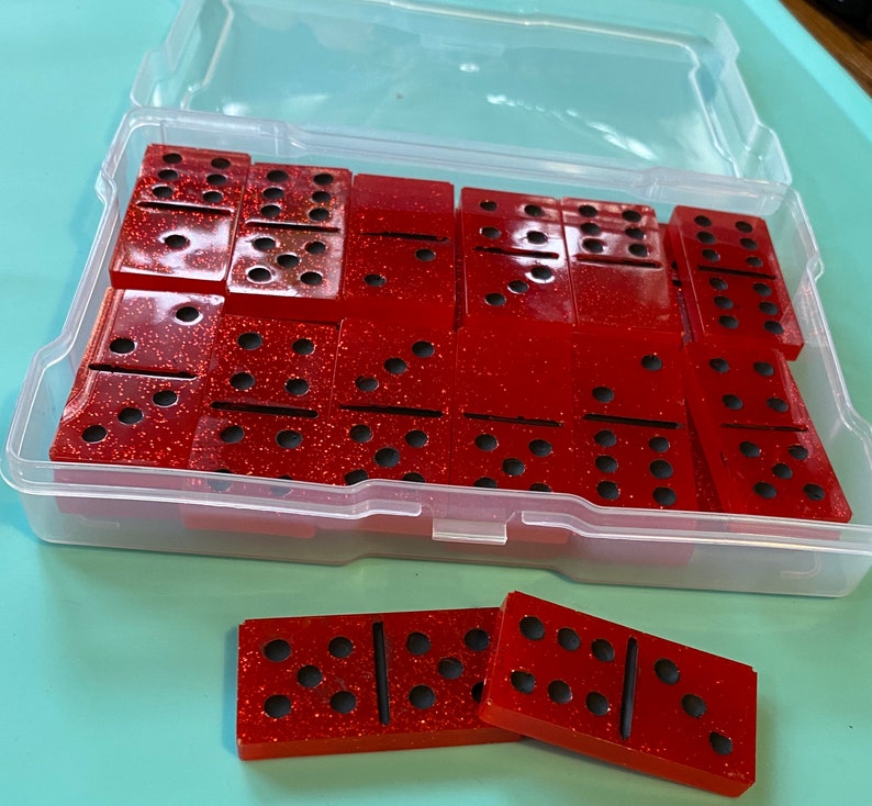 Red Dominos With Case. Resin Dominos Glitter Tile Game - Etsy