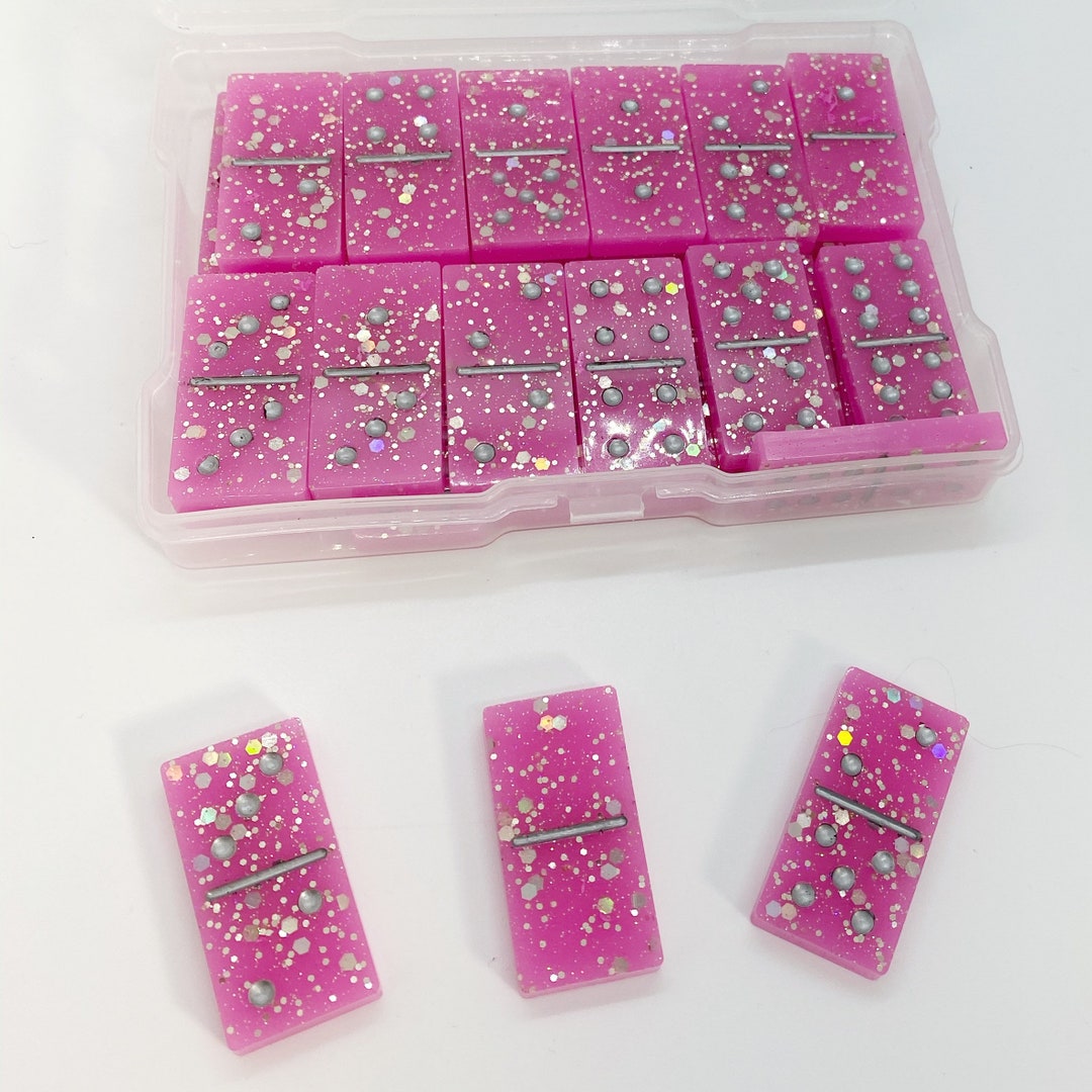 Pink Dominos With Case. Resin Dominos, Glitter Tile Game, Handmade ...