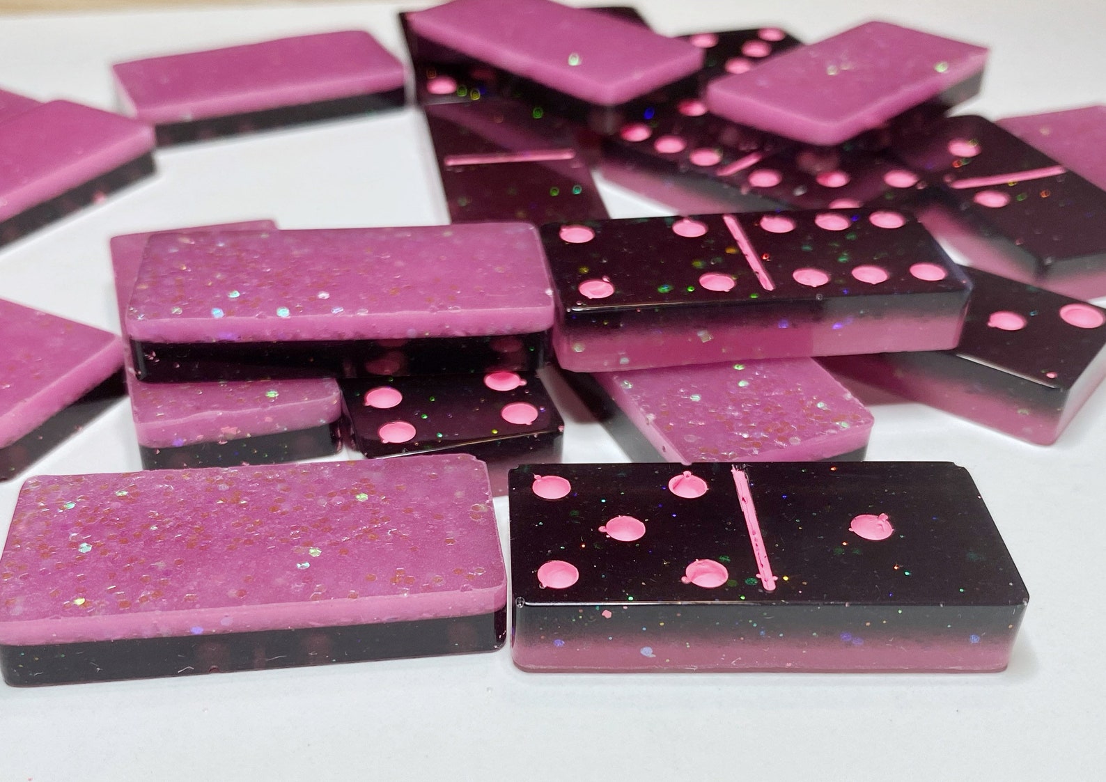 Pink and Black Dominos With Case. Resin Dominos Glitter Tile - Etsy
