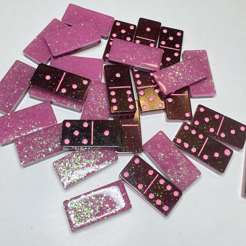 Pink and Black Dominos With Case. Resin Dominos, Glitter Tile Game ...