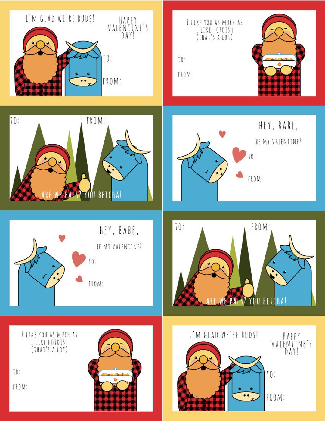 Paul Bunyan and Babe Valentine's Day Cards Print at Home - 8 Cards to a ...