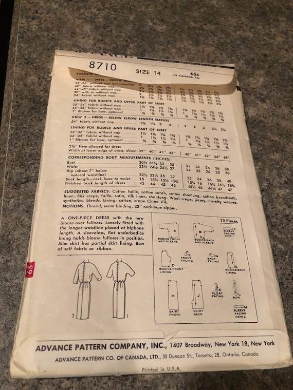 50\u2019s Vintage Advance Sewing Pattern Easy Blouson Dress Size 14 ...