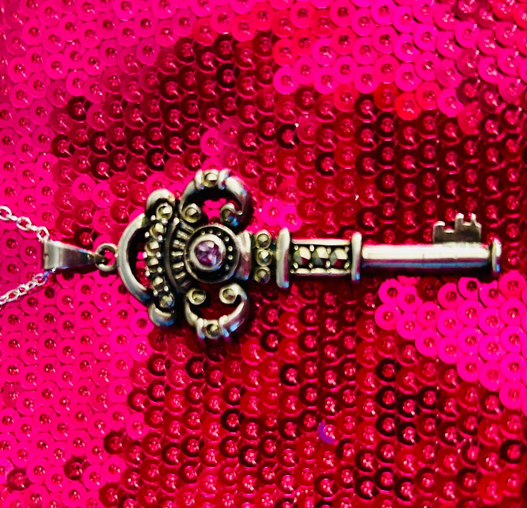 STERLING AMETHYST KEY Pendant Necklace, Designer Signed M Thailand 925 ...