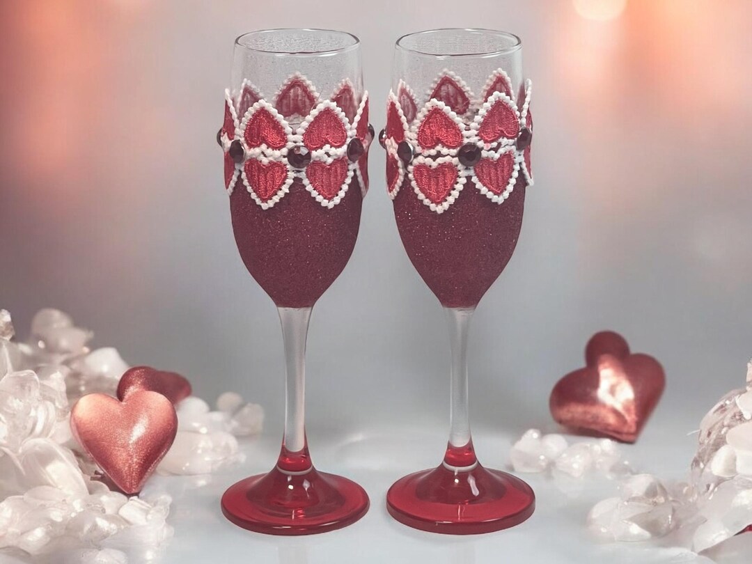 Heart Enchanted Elegance - Heart Shaped Lace Trim Champagne Flutes, Set ...