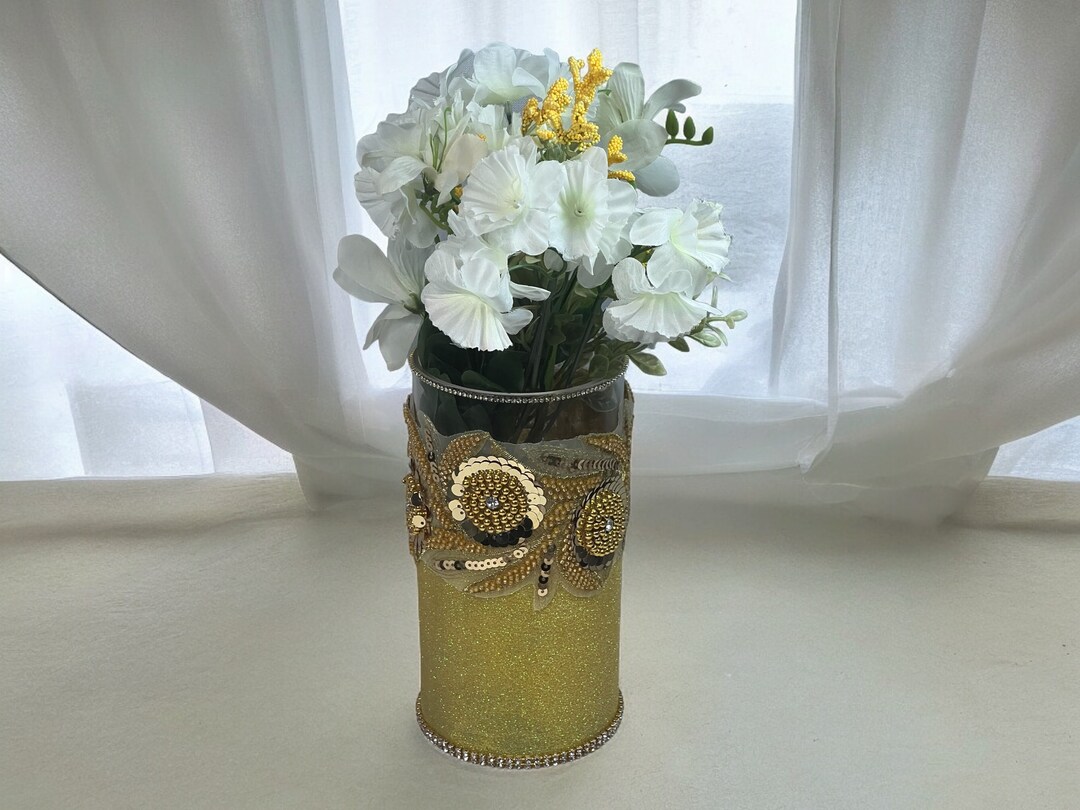 Elegant Sequin Lace Wrapped Flower Vase With Gold Glitter Accents ...