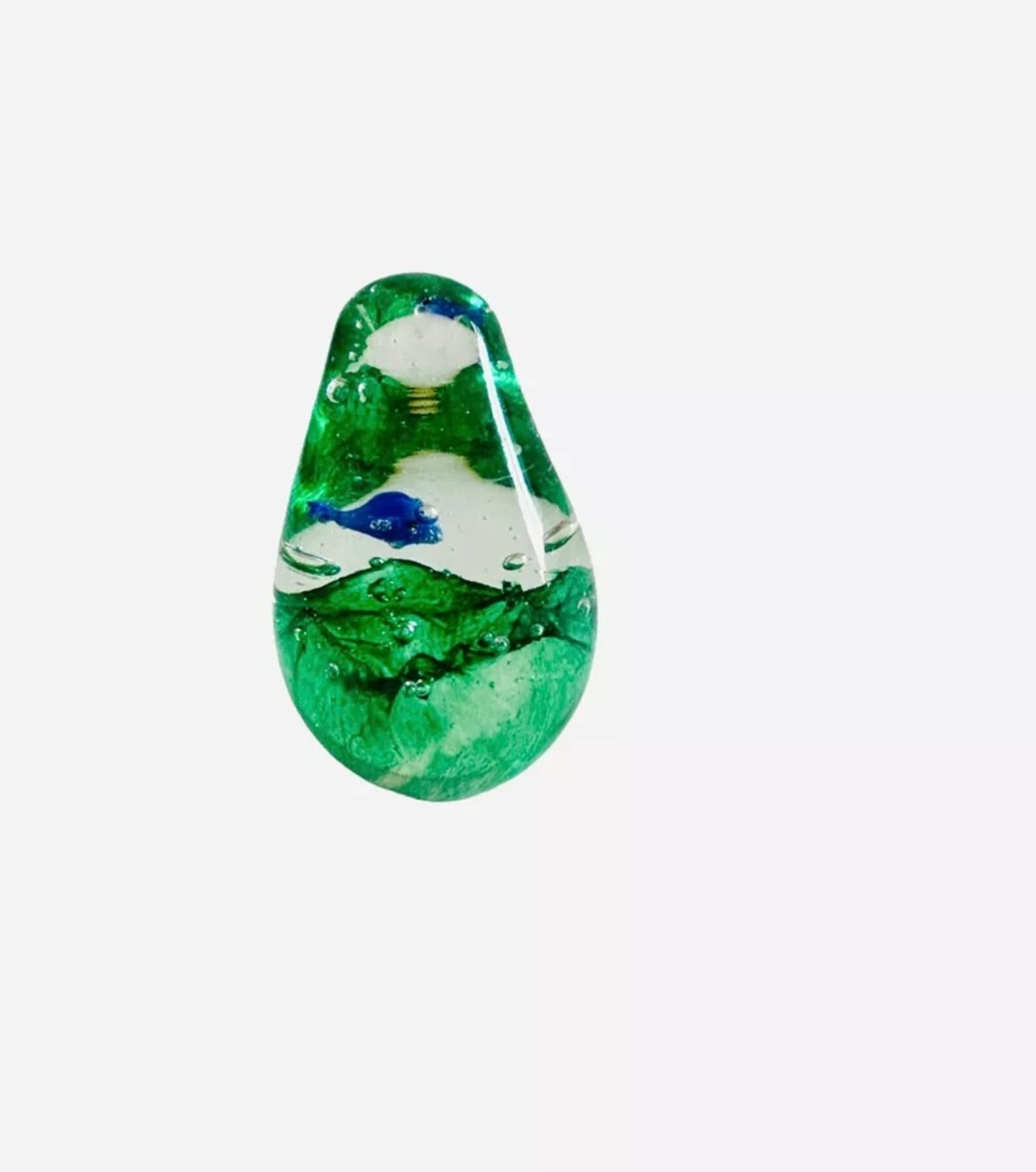 Art Glass Tear Drop Paperweight Green Controlled Bubble Blue Fish ...