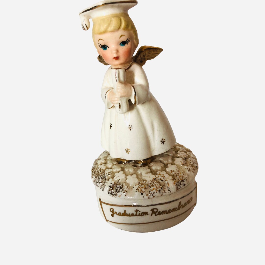 Vintage Blonde Girl Angel Graduation Remembrance Trinket Box Japan Hand ...