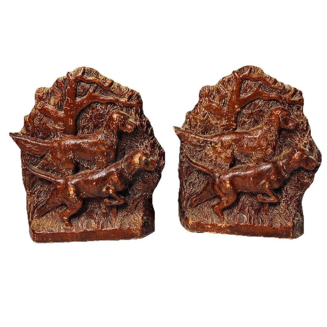 Vintage Syroco Wood Resin Pointer Setter Dog Bookends Pair of 2 Hunting ...