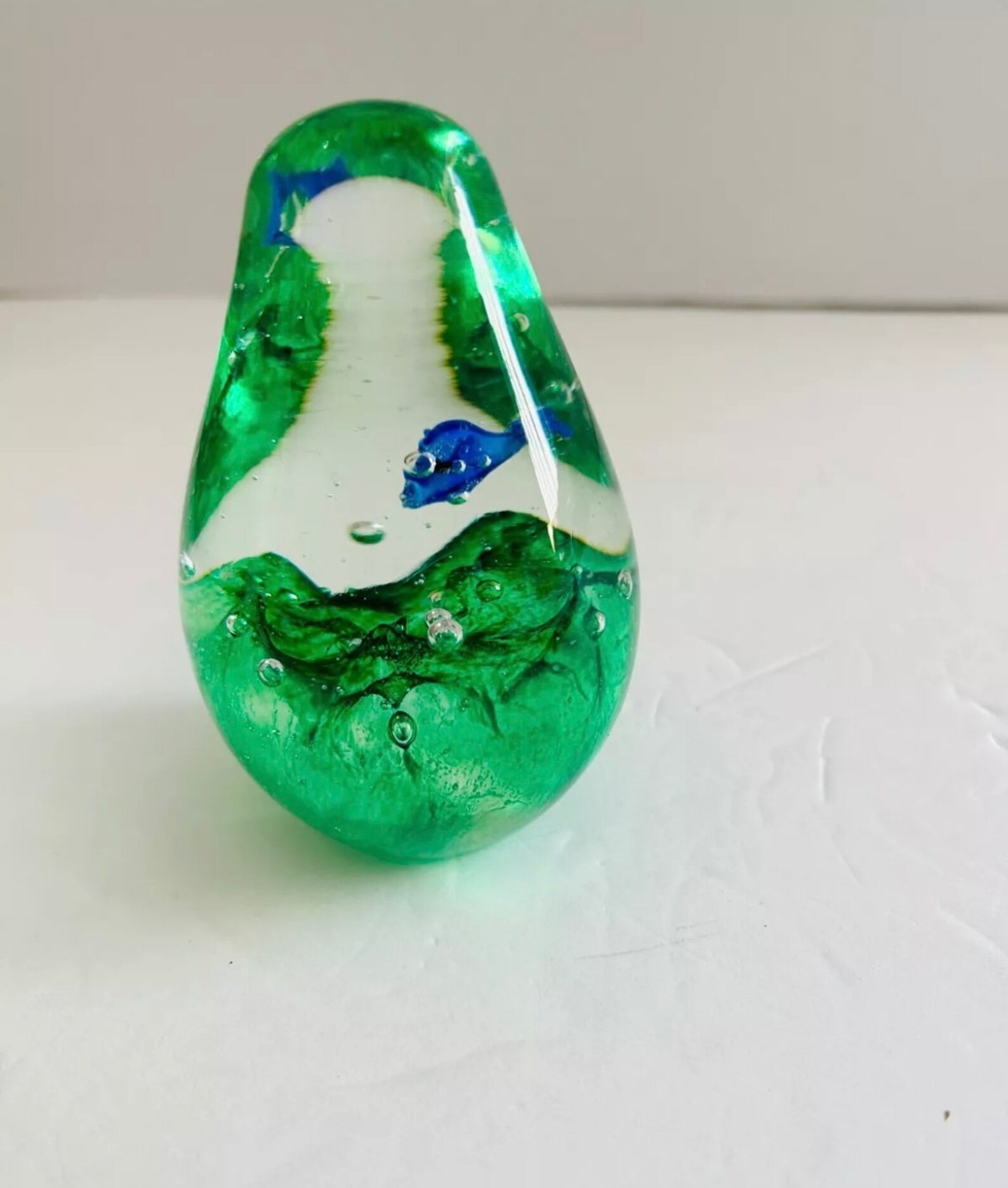 Art Glass Tear Drop Paperweight Green Controlled Bubble Blue Fish ...
