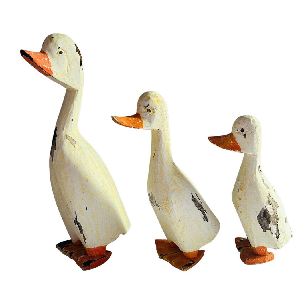 Hand Carved Wood Distressed Ducks White Yellow Set of 3 Indonesia - Etsy