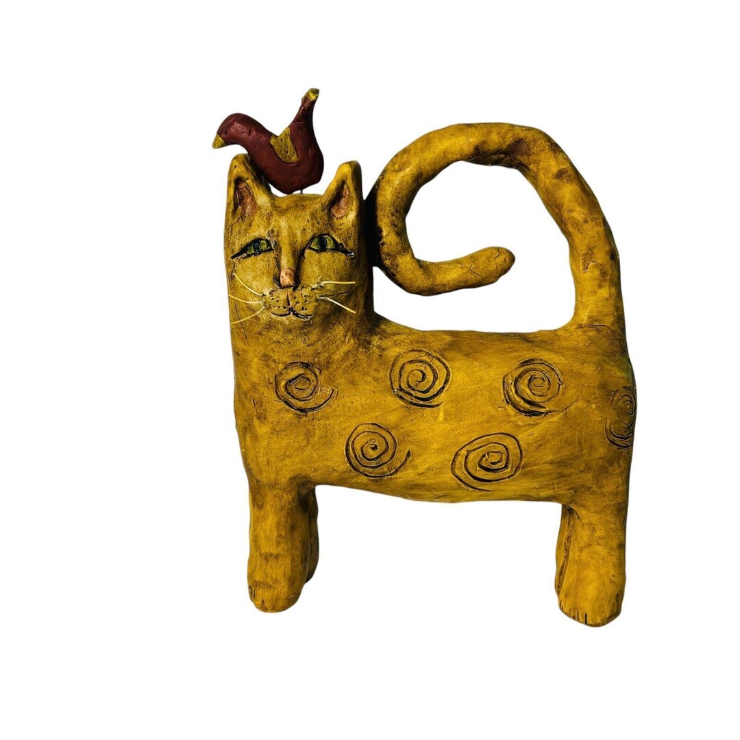 Folk Art Cat With Bird Figurine Artist ERS Mustard Yellow Resin Tabby 7 ...