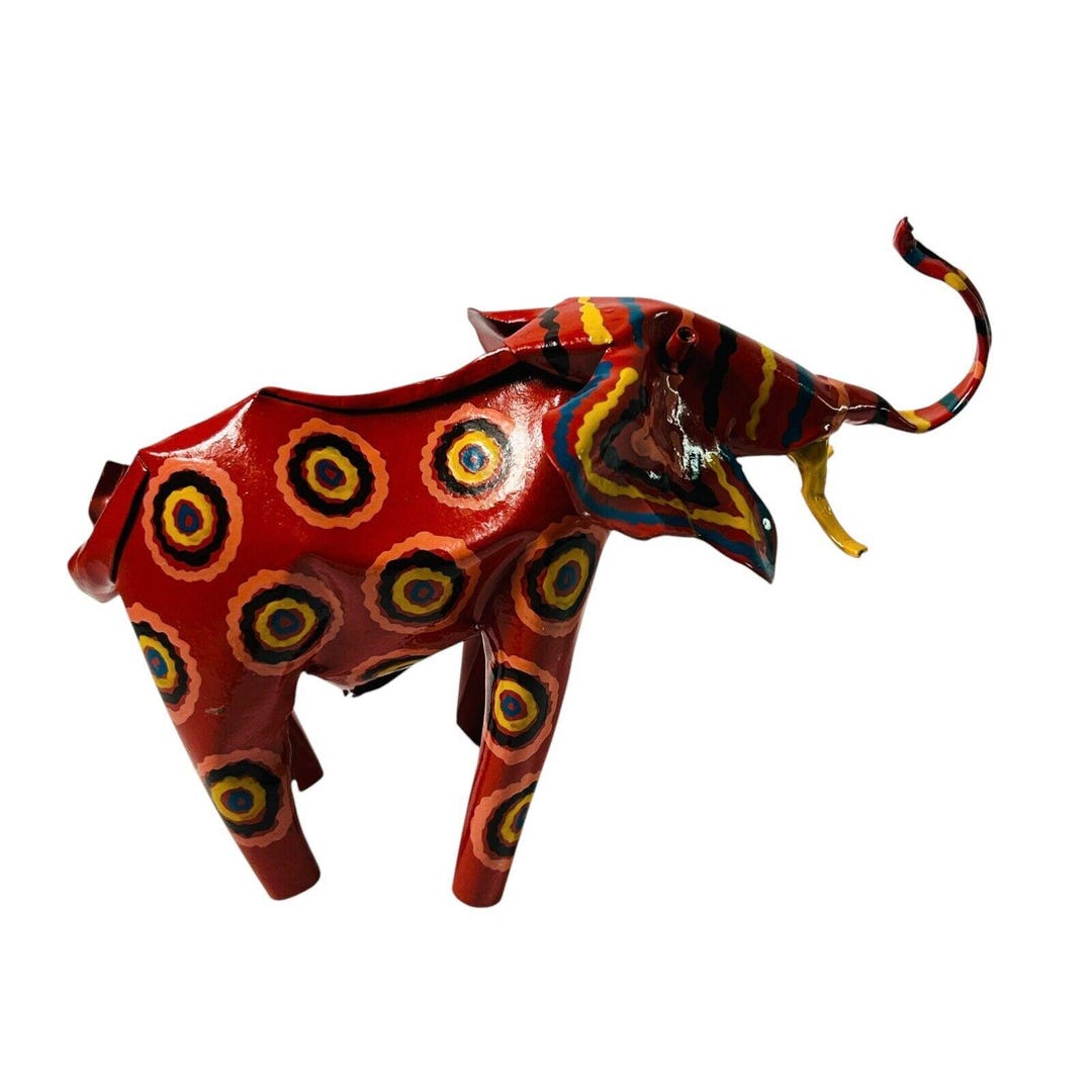 Painted Art Metal Elephant Figurine Trunk up Red Multi Color Circle ...