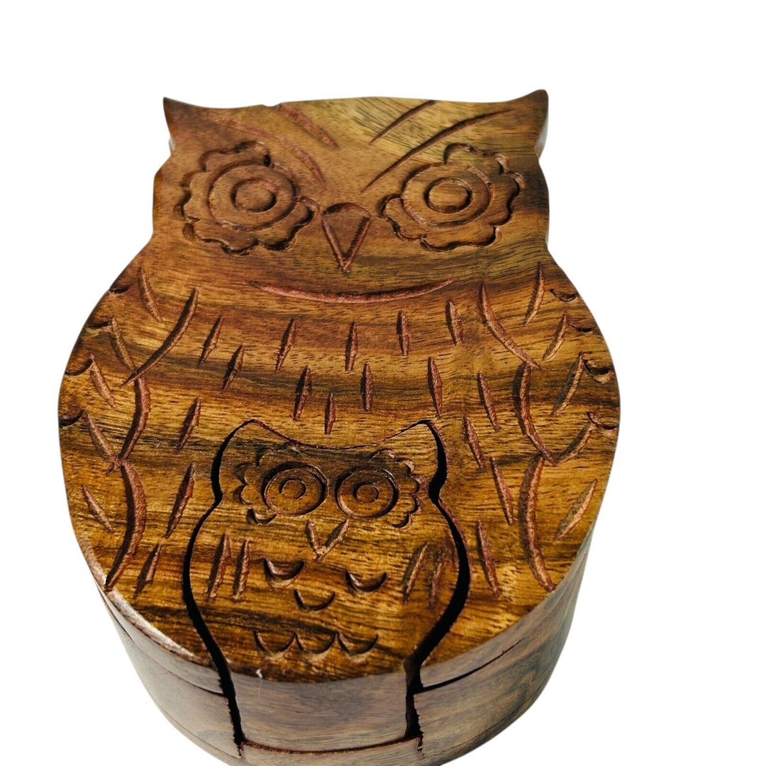Matr Boomie Wood Carved Owl Puzzle Box Mama Baby Secret Compartment ...