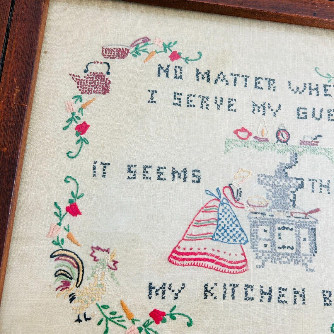 Vintage Completed Cross Stitch Kitchen Sampler Framed Glass Farmhouse ...