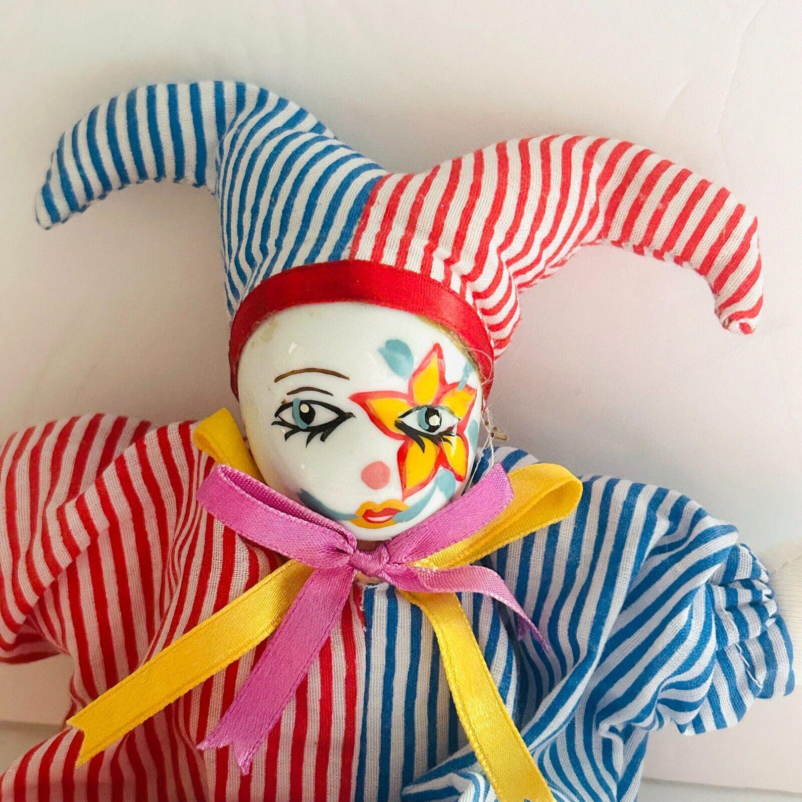Vintage Jester Porcelain Head Painted Face Flower Red White Blue ...