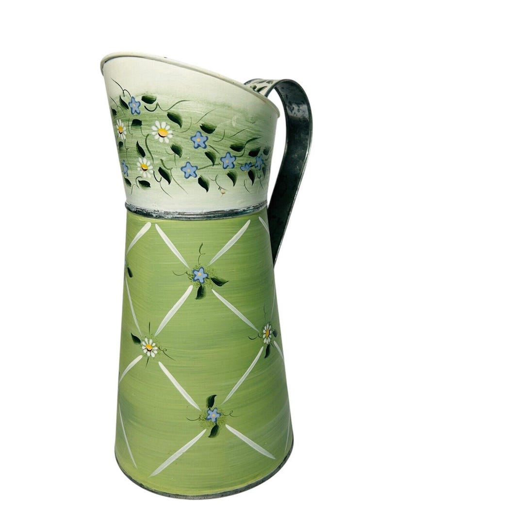 Kathy Hatch Collection Tall Metal Tin Pitcher 2003 Green Flowers ...