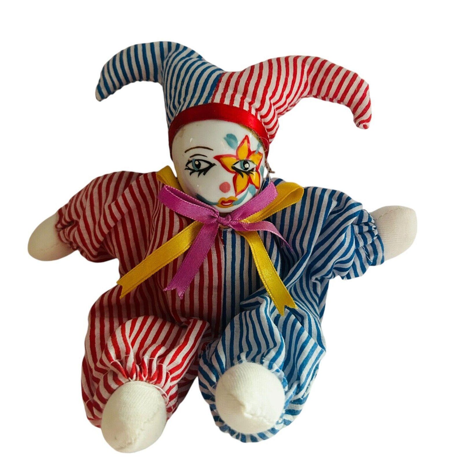 Vintage Jester Porcelain Head Painted Face Flower Red White Blue ...