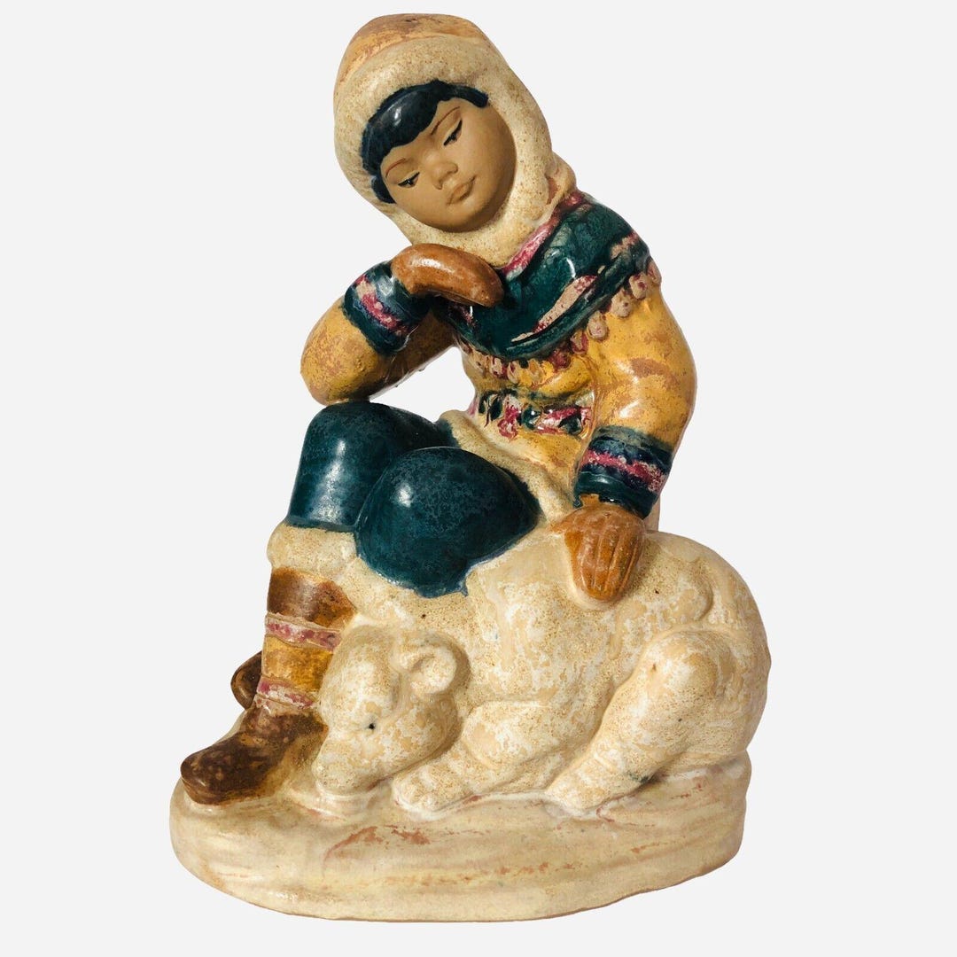 Eskimo Boy Polar Bear Cub Large Figurine 9x7 Marked Crown N Alaskan ...