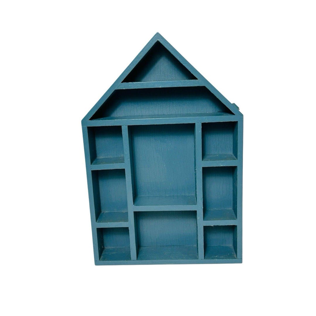 Blue Wood House Shaped Shadow Box Display Miniatures Vintage Taiwan 10 ...