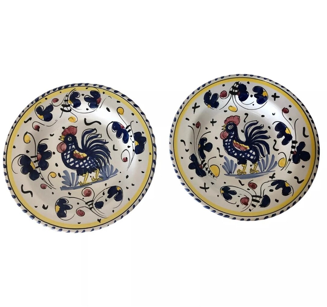 Deruta Rooster Shallow Pasta Bowls Handpainted Italian Pottery Set 2 ...