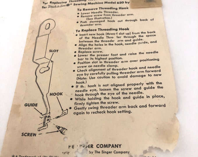 Singer Replacement Threading Hook Touch & Sew Sewing Machine Model 620 ...