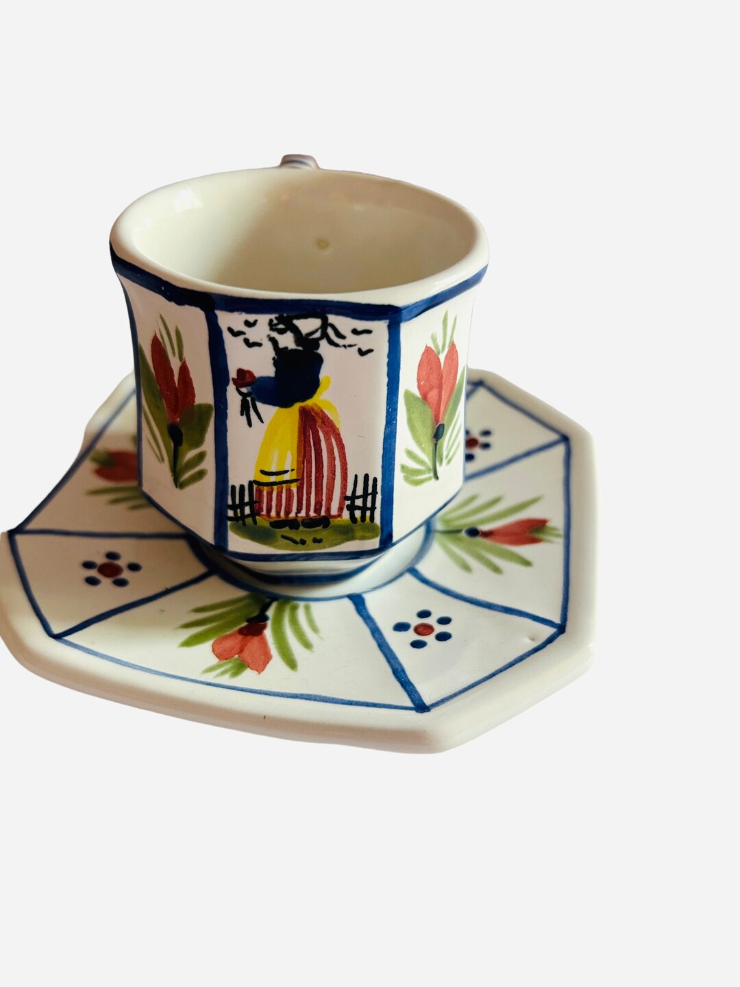 Quimper Demitasse Cup and Saucer Mistral Blue Lady Octagonal No Lattice ...