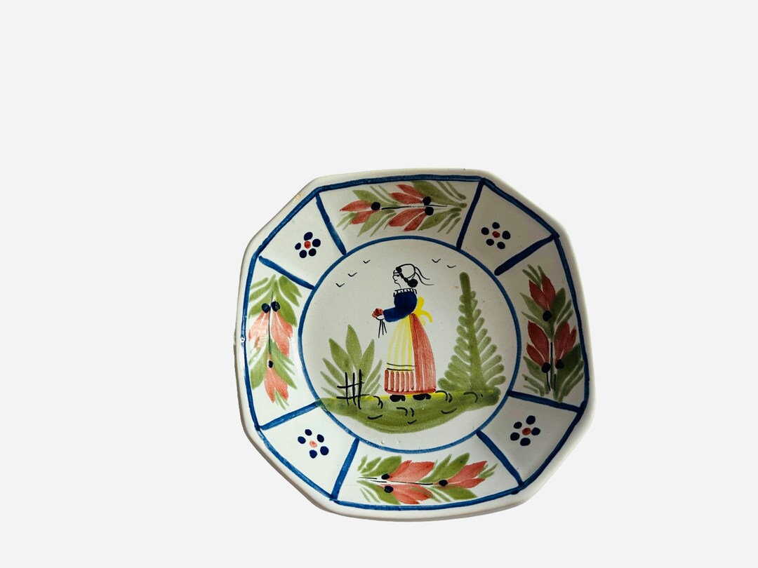 Quimper Mistral Blue Lady Center Fruit Dessert Octagonal Bowl France 5 ...