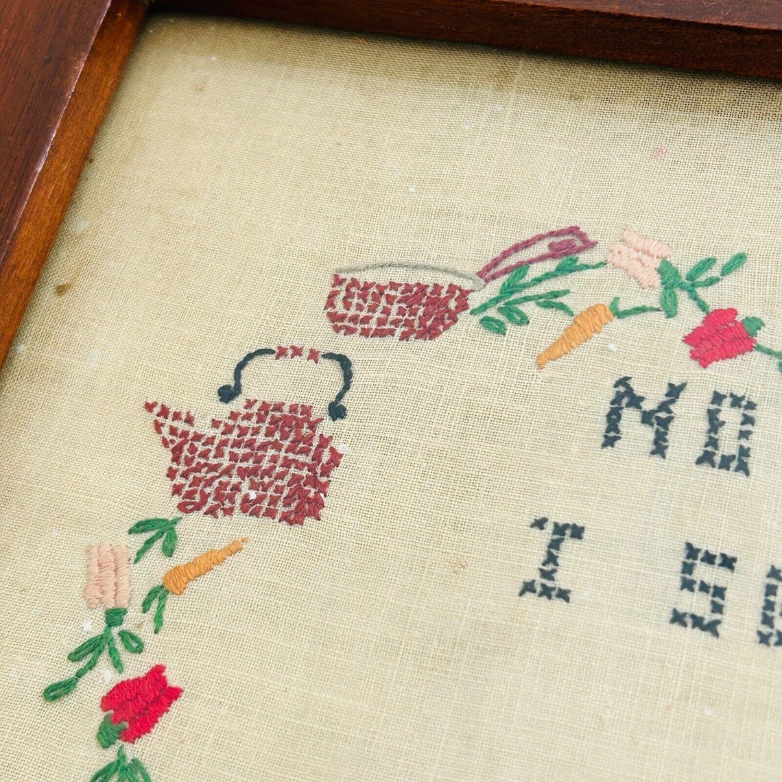 Vintage Completed Cross Stitch Kitchen Sampler Framed Glass Farmhouse ...