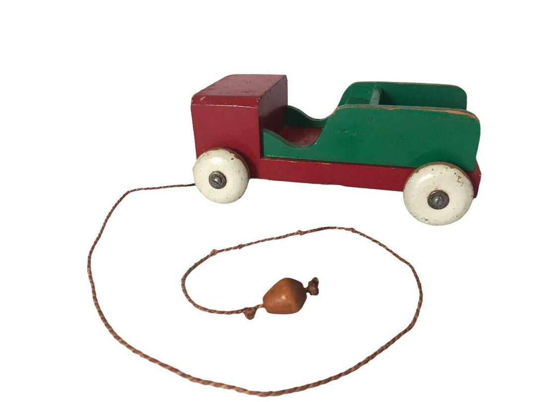 Vintage Handmade Wood Toy Car Pull String Rolling Wheels Colorful Home ...
