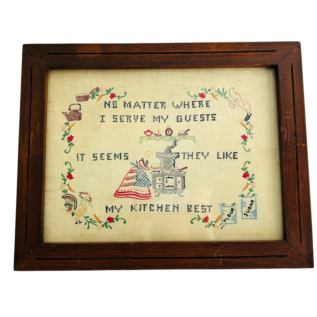 Vintage Completed Cross Stitch Kitchen Sampler Framed Glass Farmhouse ...