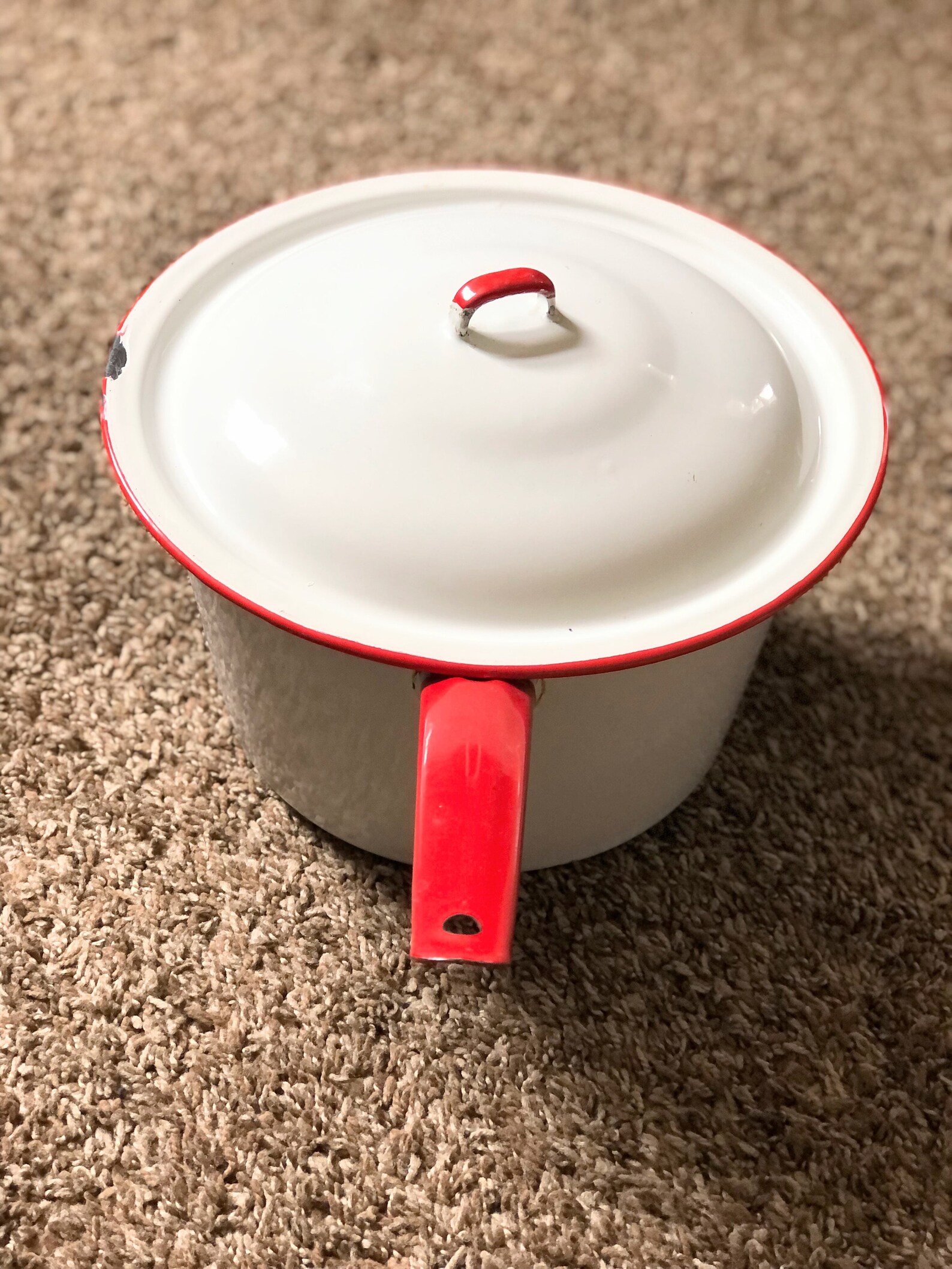 Vintage White and Red Trim Enamel Ware Pot With Lid, Distressed Enamel ...