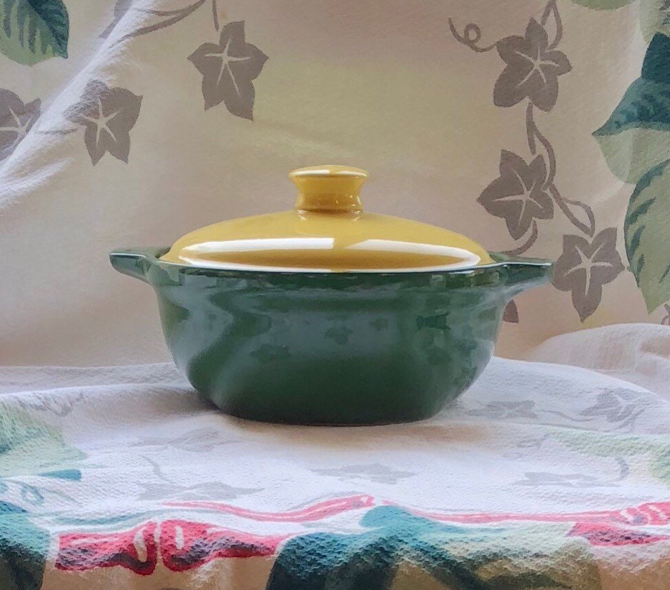 Vintage Cameron Clay Casserole Dish, Green and Yellow Dish, Packers ...