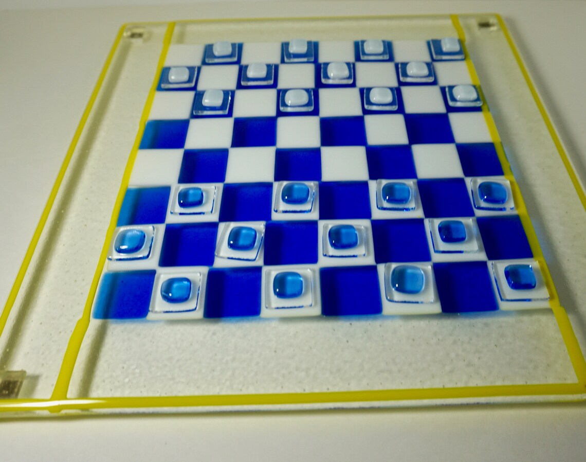 Fused Glass White Cobalt Blue and Yellow Chess Board Checker - Etsy