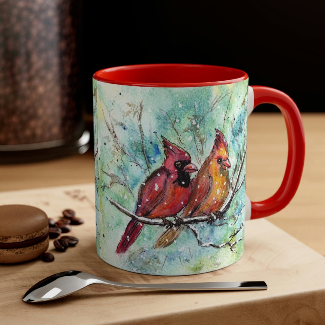 Red Cardinal Bird Pair, Coffee Mug 11oz, Watercolor Print, Original ...