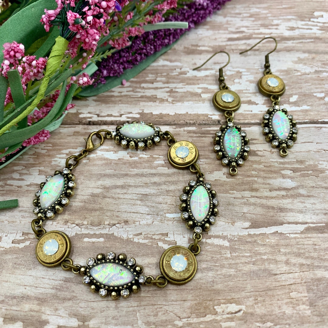 40 Caliber Bullet Bracelet and Bullet Earrings Jewelry Set With Opal ...