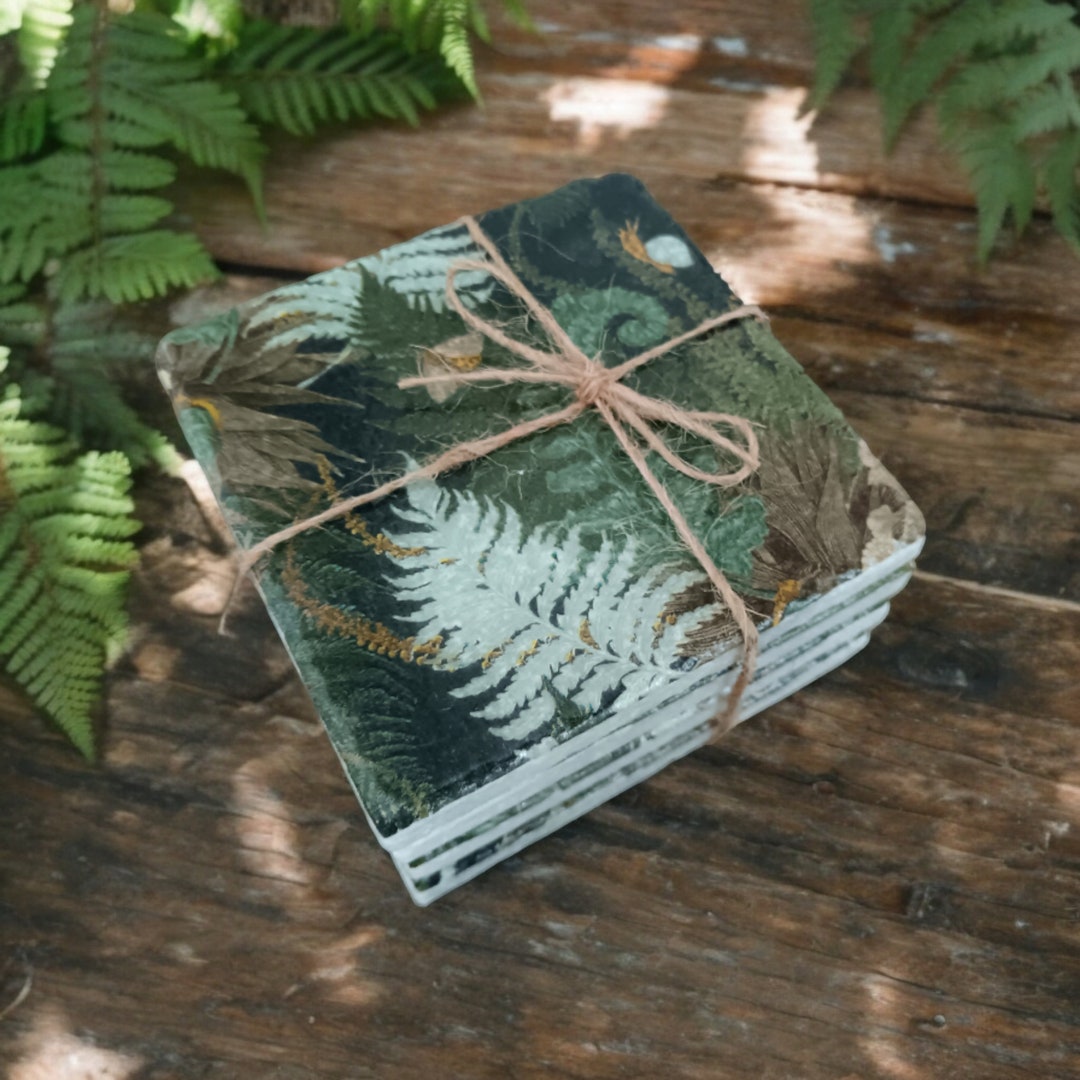 Fern Leaves Chunky Green Botanical Stone Coasters Set. Rustic Heavy ...