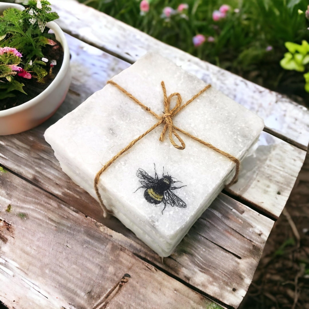 Hand Stamped Bee Marble Coasters: Set of 4 Chunky Stone Coasters With ...