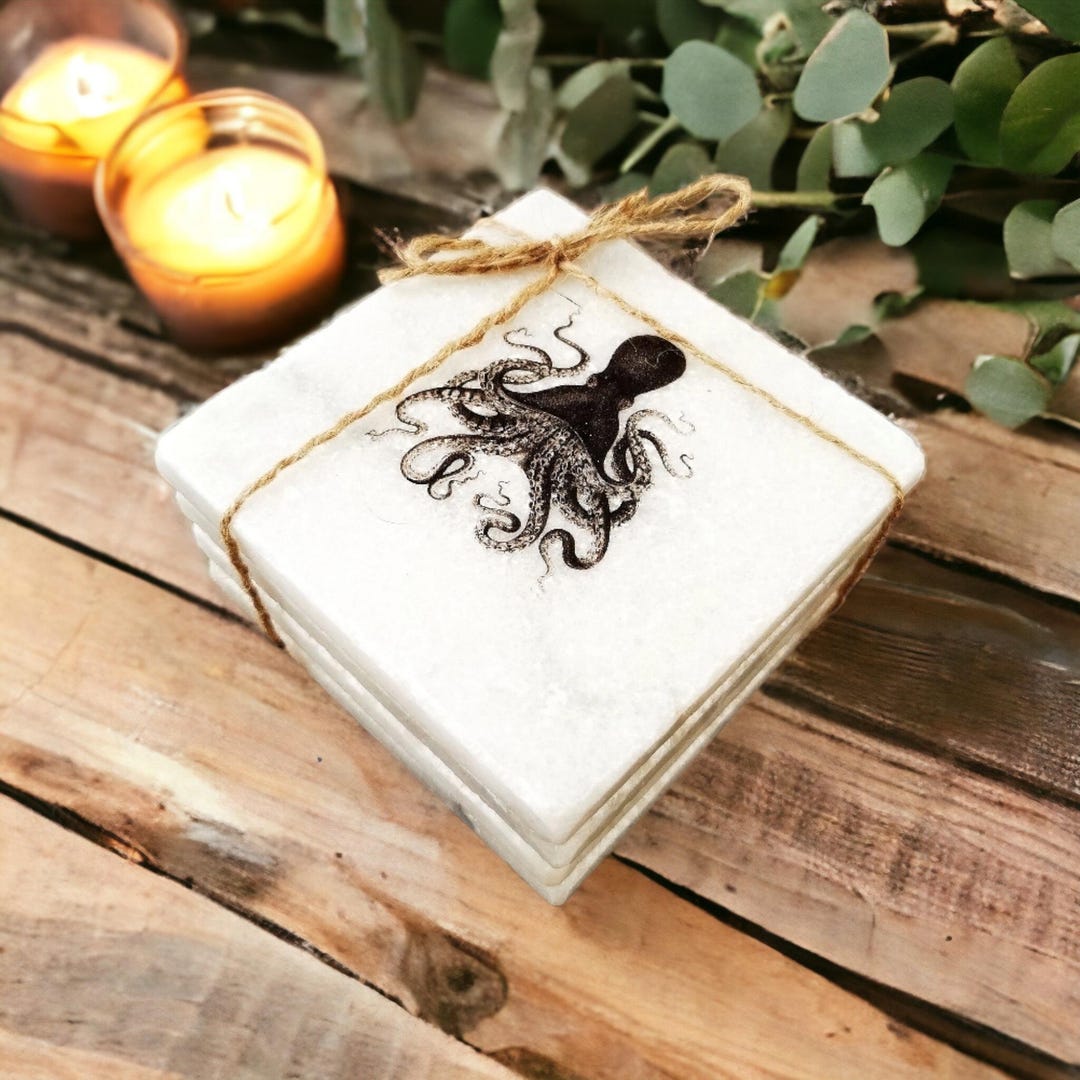Octopus Marble Coasters Set: Nautical Coastal Decor. Set of 4 or 6 ...