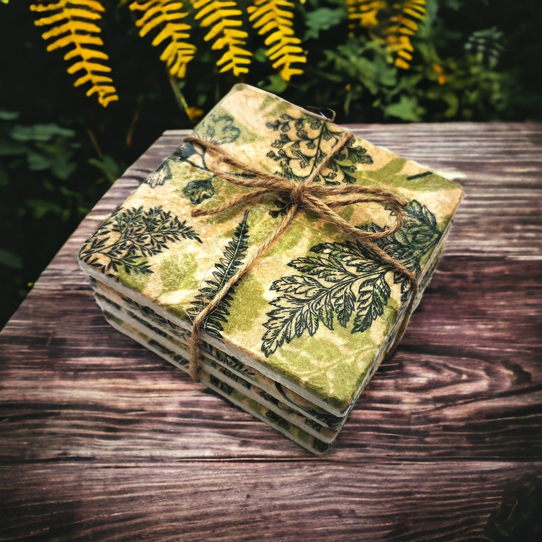 Fern Leaves Stone Coasters Set: Handmade Botanical Marble Coasters ...